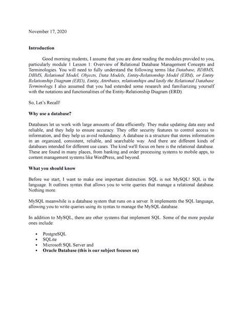 Lesson 1 Fundamentals Fo Database Systems Reviewer Nov 17 2020 November 17 2020