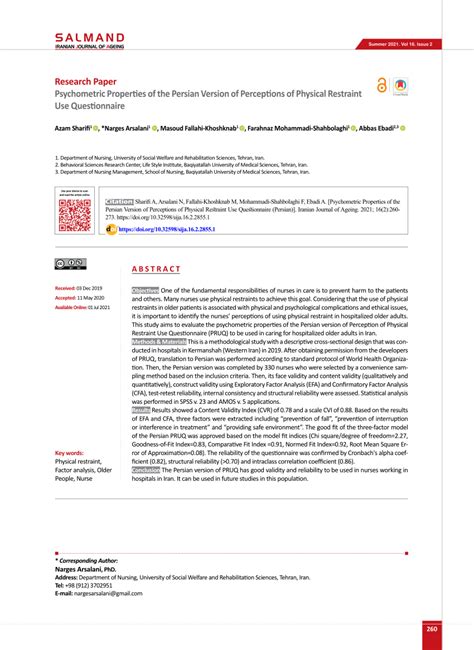 Pdf Psychometric Properties Of The Persian Version Of Perceptions Of Physical Restraint Use