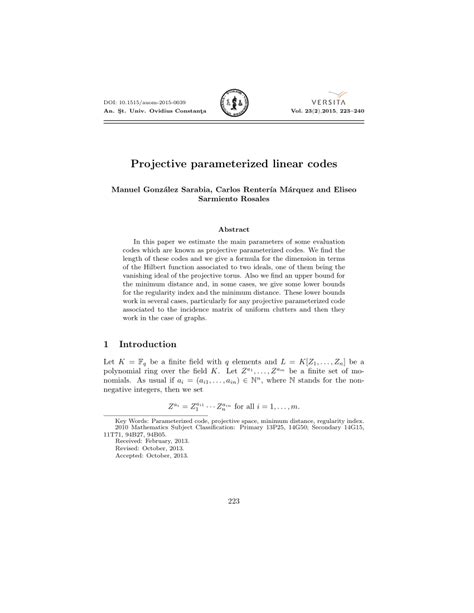 Pdf Projective Parameterized Linear Codes