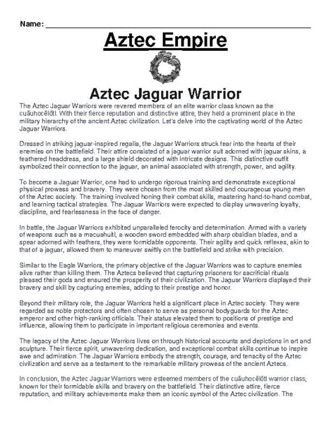 Aztec Empire Aztec Jaguar Warrior Article And Questions Assignment