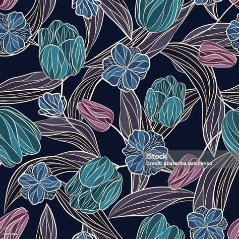 손으로 그린 튤립 꽃 검은 배경에 대조 색상으로 원활한 벡터 꽃 패턴입니다 Ditsy 플로 럴 프린트 예술에 대한 스톡 벡터 아트 및 기타 이미지 Istock