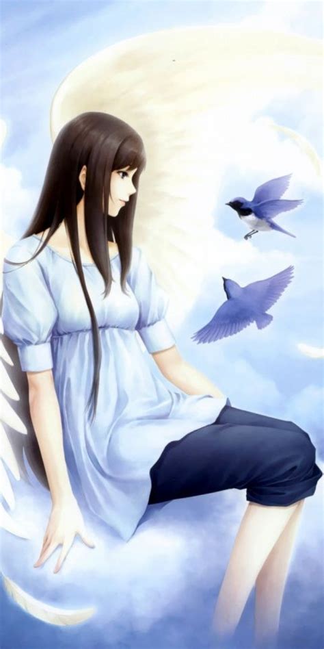 Phone Wallpaper Anime Bird Girl Angel Black Hair 1296409