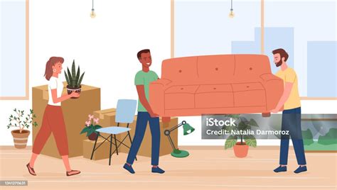 가족은 새로운 집이나 홈 아파트 벡터 일러스트로 이사합니다 화분과 만화 행복 한 여자 소파 가구를 들고 젊은 남자 캐릭터 이동