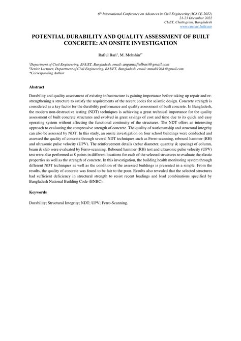 Pdf Potential Durability And Quality Assessment Of Built Concrete An Onsite Investigation