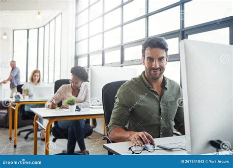 Designer Portrait Or Business Man On Computer In Building Office For
