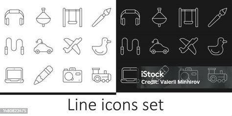 세트 라인 장난감 기차 고무 오리 스윙 무선 제어 자동차 장난감 줄넘기 헤드폰 비행기 및 소용돌이 아이콘 벡터 검은색에 대한 스톡 벡터 아트 및 기타 이미지 Istock