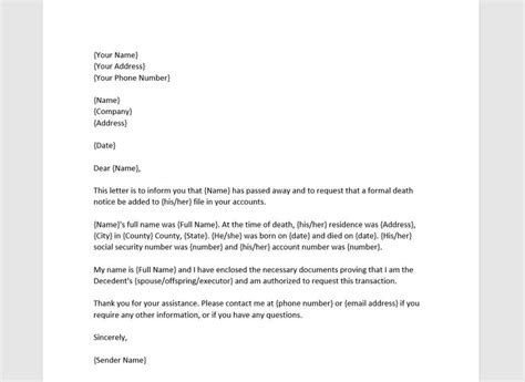 Notify Creditors After A Death Letter Template Notify Creditors After
