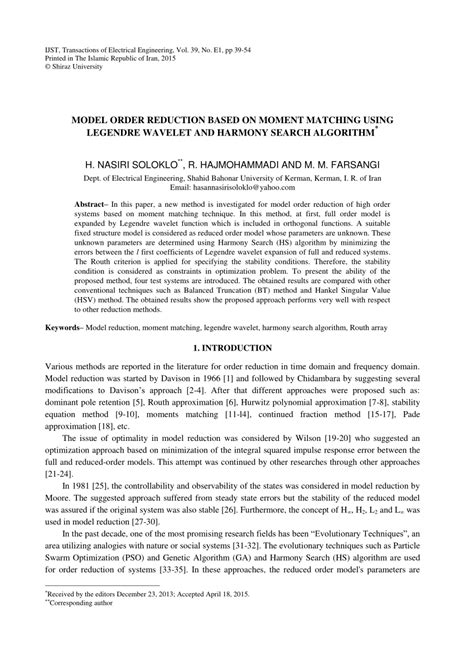 PDF MODEL ORDER REDUCTION BASED ON MOMENT MATCHING USING LEGENDRE WAVELET AND HARMONY SEARCH