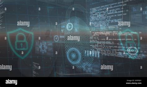 Image Of Data Processing And Security Padlock Over Blue Background
