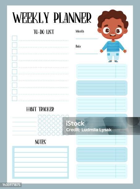 주간 소년 플래너 주최자 할 일 목록 메모 및 귀여운 만화 흑인 민족 소년과 습관 추적기 인쇄 디자인 어린이 컬렉션 만화 캐릭터가있는 문구류를위한 벡터 수직 템플릿 A4
