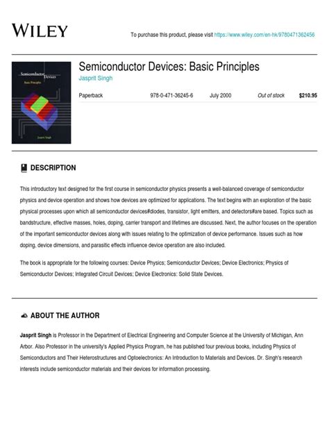 Wiley Semiconductor Devices Basic Principles 978 0 471 36245 6 Pdf Semiconductors