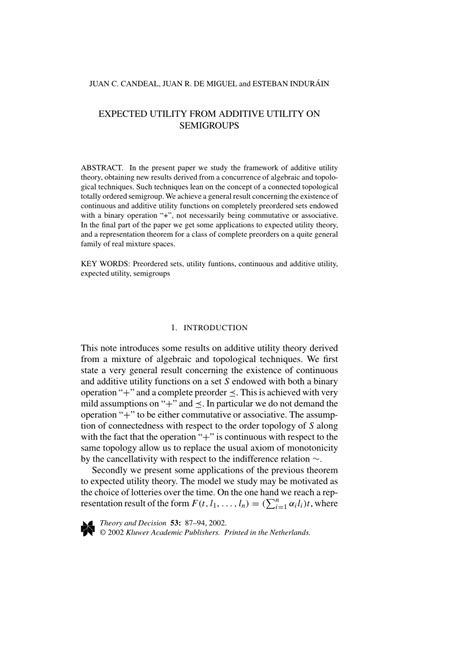 Pdf Expected Utility From Additive Utility On Semigroups