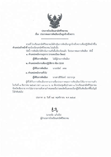 ประกาศผลการคัดเลือก โรงเรียนสามัคคีวิทยาคม