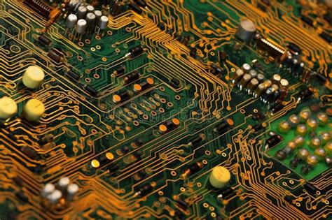 Close Up Of Intricate Circuit Board Patterns And Connections Stock