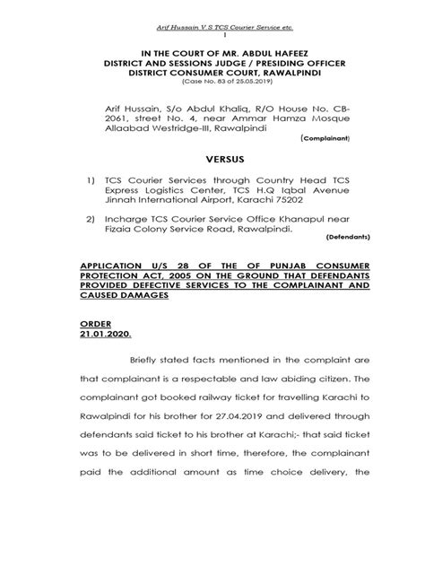 Arif Hussain Vs Tcs Courier Service Etc Pdf Complaint Lawsuit