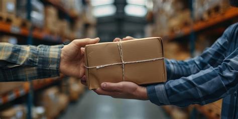 Two Hands Passing A Wrapped Cardboard Package In A Warehouse