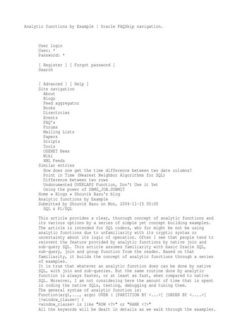 Analytic Functions By Example Oracle Faq Pdf Data Management