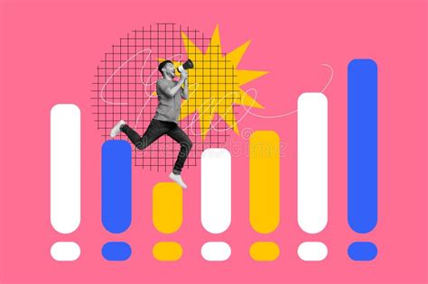 Creative Drawing Collage Picture Of Funny Young Man Megaphone Announce Graph Data Exclamation
