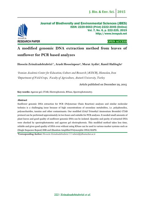 Pdf A Modified Genomic Dna Extraction Method From Leaves Of Sunflower For Pcr Based Analyzes