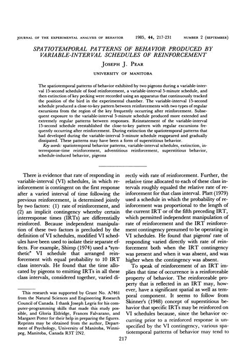 Pdf Spatiotemporal Patterns Of Behavior Produced By Variable Interval Schedules Of Reinforcement
