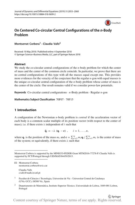 On Centered Co Circular Central Configurations Of The N Body Problem Request Pdf