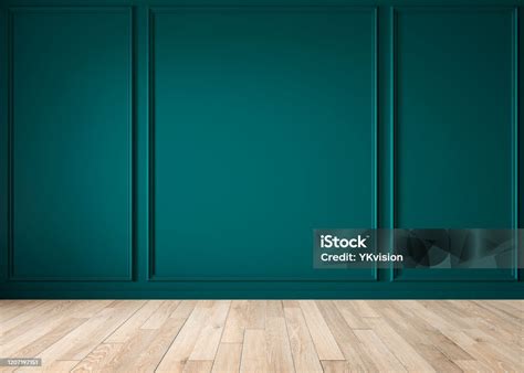 벽 패널 몰딩 및 나무 바닥현대 클래식 로얄 그린 청록색 빈 인테리어 3d 렌더링 일러스트 가 조롱 벽에 대한 스톡 사진 및 기타 이미지 Istock