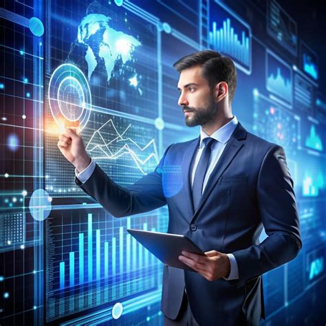 data science analytics businessman holding big data analyzing and development at various