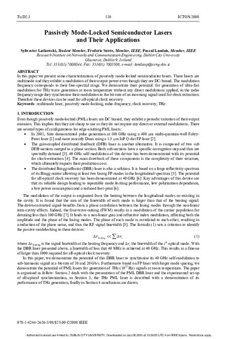 Pdf Passively Mode Locked Semiconductor Lasers And Their Applications
