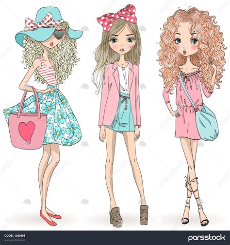 دختران تابستانی کارتونی زیبا با سه دست کشیده شده وکتور 1369808