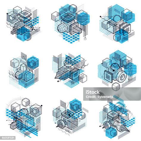 아이소메트릭 선과 모양으로 추상적인 벡터 배경입니다 큐브 육각형 사각형 직사각형 및 다른 추상적인 요소 벡터 컬렉션입니다 0명에 대한 스톡 벡터 아트 및 기타 이미지