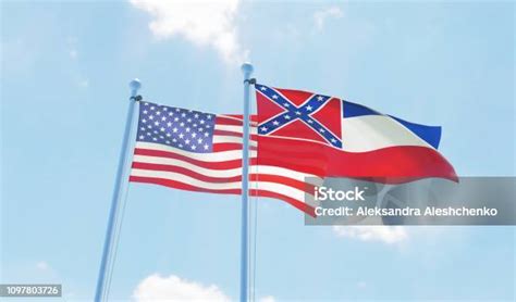 미국 및 국가 미시시피 물결치는 푸른 하늘에 대 한 두 개의 플래그 0명에 대한 스톡 사진 및 기타 이미지 0명 3차원 형태 국가 관광명소 Istock