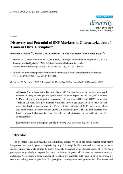 Pdf Discovery And Potential Of Snp Markers In Characterization Of Tunisian Olive Germplasm