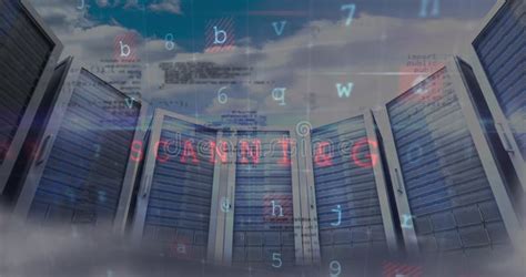 Image Of Cyber Attack Warning And Data Processing Over Server Room Stock Illustration