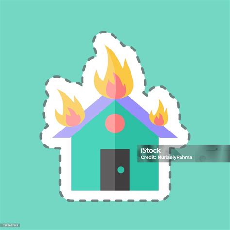 스티커 라인은 불에 집을 잘라 재해 기호에 적합합니다 컬러 메이트 스타일 편집 가능한 간단한 디자인 디자인 템플릿 벡터 간단한 기호 그림 구조에 대한 스톡 벡터 아트 및