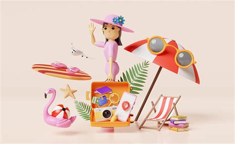 주황색 여행 가방 해변 의자 서핑 보드 우산 풍선 플라밍고 손바닥 카메라 확대 분홍색 배경에 격리된 샌들 개념 3d 그림 또는