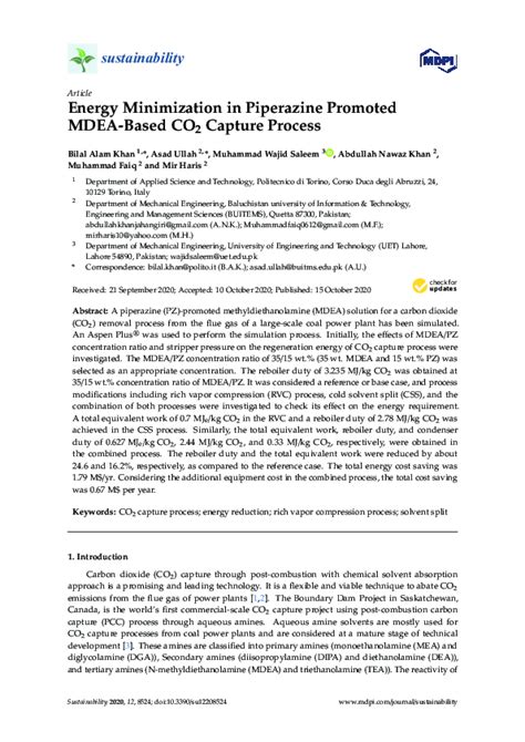 Pdf Energy Minimization In Piperazine Promoted Mdea Based Co2 Capture Process
