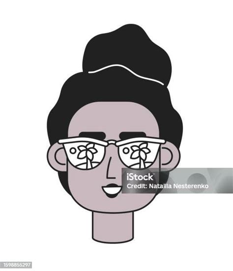 흑인 여성 선글라스는 아프리카 흑백 플랫 선형 캐릭터 머리로 웃고 있다 2차 도형에 대한 스톡 벡터 아트 및 기타 이미지 2