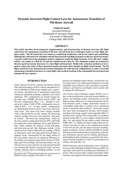 Pdf Dynamic Inversion Flight Control Laws For Autonomous Transition Of Tilt Rotor Aircraft