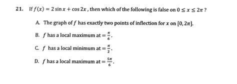 solved 21 if f x 2sinx cos2x then which of the following