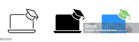 온라인 학습 아이콘을 설정합니다 노트북 가정 교육 인터넷 원격 학생 교사 세계 액세스 가능 과학 숙제 대화형 지식 개념입니다 다른 스타일의 벡터 선 아이콘 개념에 대한 스톡