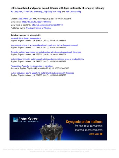 Pdf Ultra Broadband And Planar Sound Diffuser With High Uniformity Of Reflected Intensity