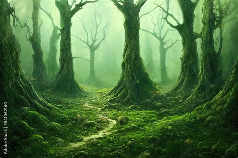 Mysterious Winding Path In Scary Fantasy Forest Bare Trees Covered With Moss Generative AI