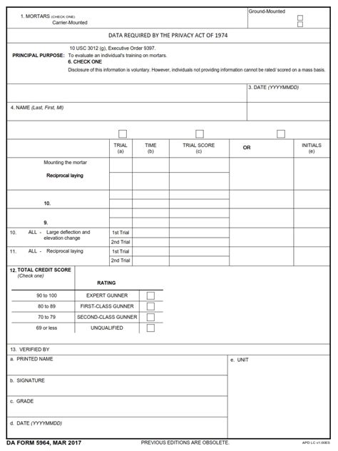 Da Form 5964 Gunners Examination Scorecard Mortars Army Pubs Da Form
