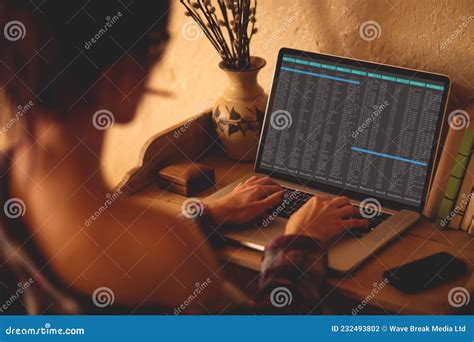 Back View Of Caucasian Female Programmer Siting At Desk Using Laptop With Coding On Screen
