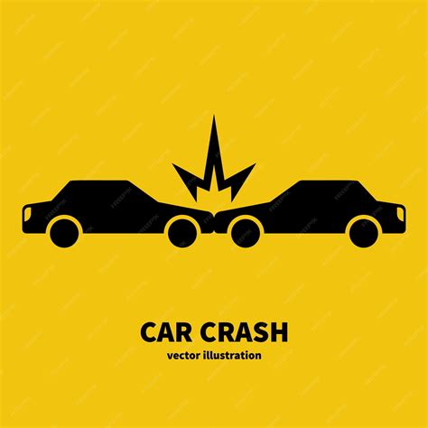 자동차 사고 검은 아이콘 실루엣 충돌 자동차 기호 픽토그램 교통 사고 만화 스타일 벡터 일러스트 레이 션 평면 디자인 노란색 배경에 고립 된 두 차량 도로에 충돌 프리미엄 벡터
