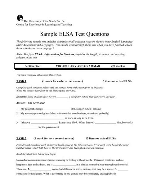 Sample Elsa Test Questions The University Of The South Pacific