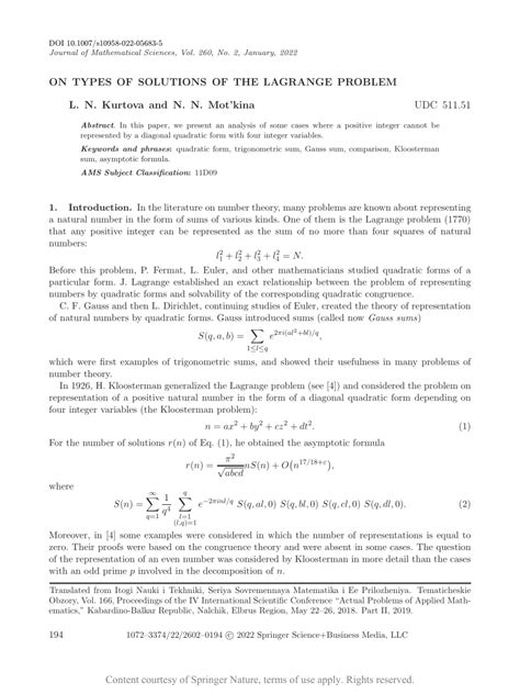 On Types Of Solutions Of The Lagrange Problem Request PDF