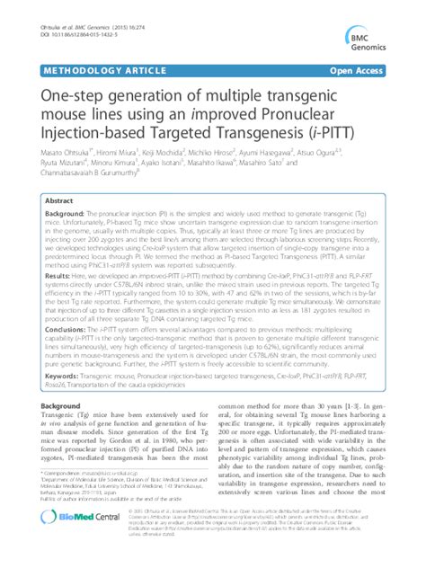Pdf One Step Generation Of Multiple Transgenic Mouse Lines Using An Improved Pronuclear