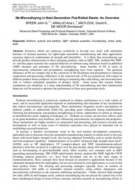 Nb Microalloying In Next Generation Flat Rolled Steels An Overview
