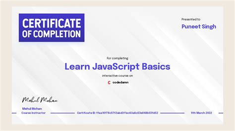 Puneet Singhs Certification For Learn Javascript Basics Codedamn